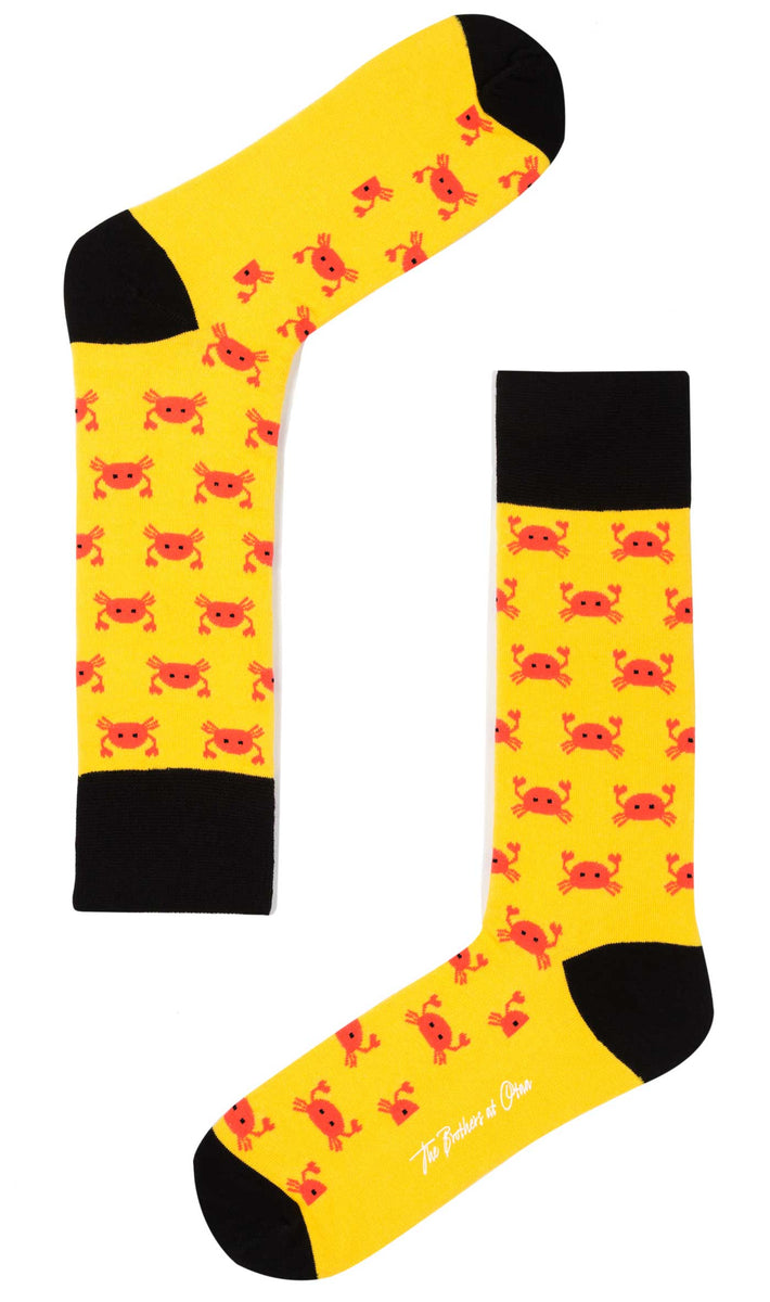 Beach Sand Crab Socks | Men's Happy Animal Yellow Cotton Crew Socks | OTAA