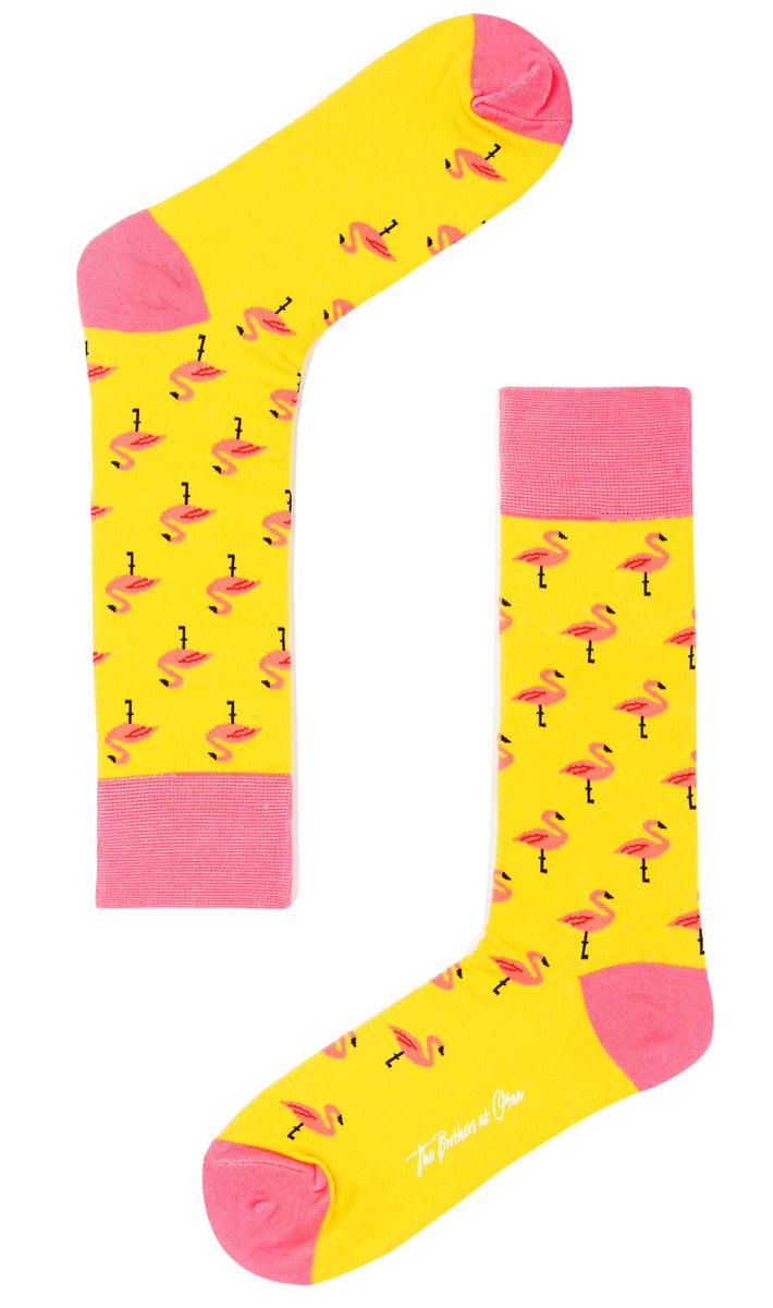 Flamingo Yellow Socks | Men's Happy Animal Bird Colorful Crew Socks | OTAA