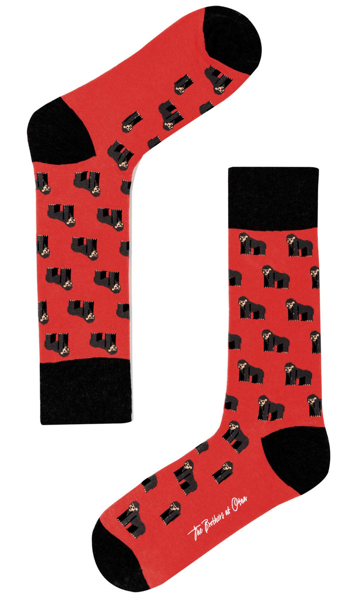 Gorilla Lava Socks | Mens Happy Harambe Animal Red Cotton Crew Socks | OTAA