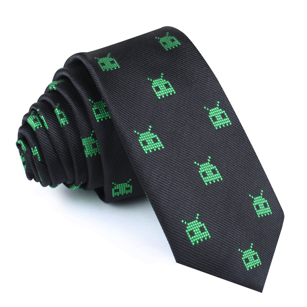 Green Pixel Creature Skinny Tie | Gamer Slim Ties Men's Neckties | OTAA