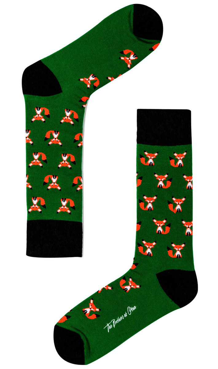 Green Curious Fox Socks | Mens Happy Socks | Animal Cotton Crew Sock | OTAA