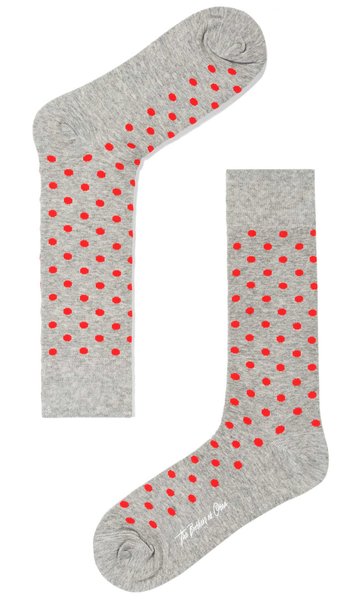 Grey Red Polka Dot Socks | Mens Happy Socks | Dots Cotton Crew Sock | OTAA