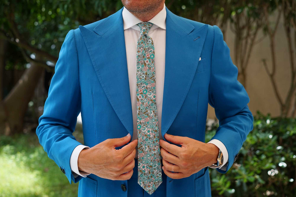 Japanese Sage Green Floral Skinny Tie | Flower Wedding Mens Slim Ties ...