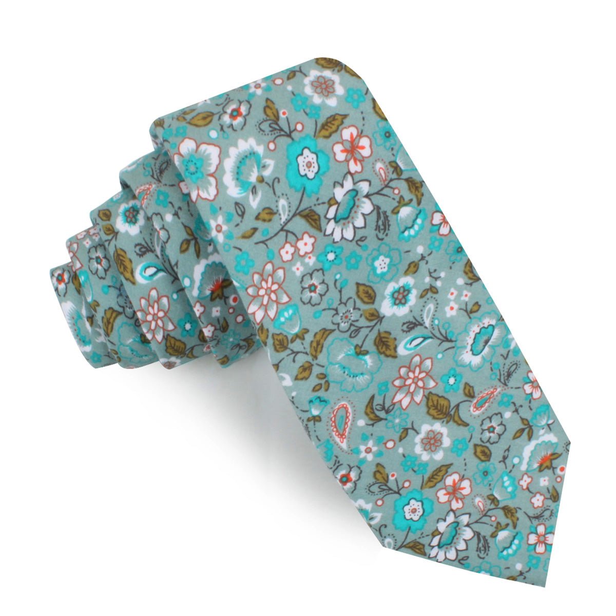 Japanese Sage Green Floral Skinny Tie | Flower Wedding Mens Slim Ties ...