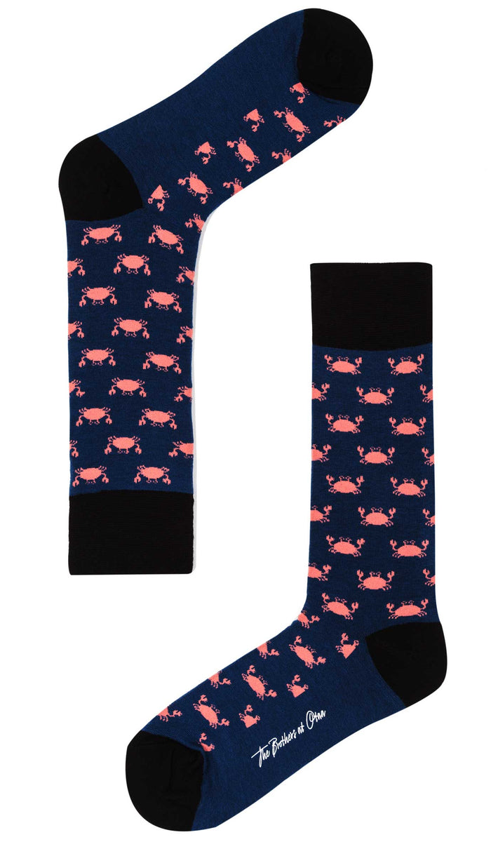 Maldives Crab Socks | Men's Happy Animal Navy Blue Cotton Crew Socks | OTAA