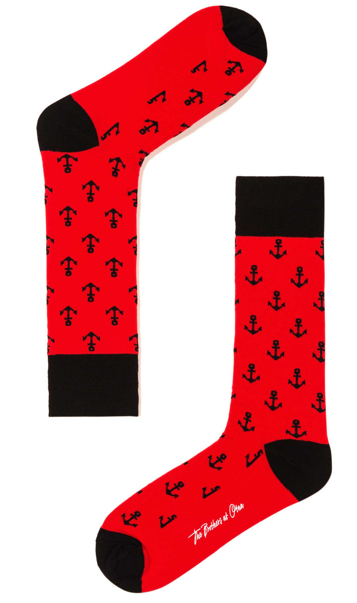 Pirate Red Anchor Socks | Mens Happy Casual Sailor Cotton Crew Socks | OTAA