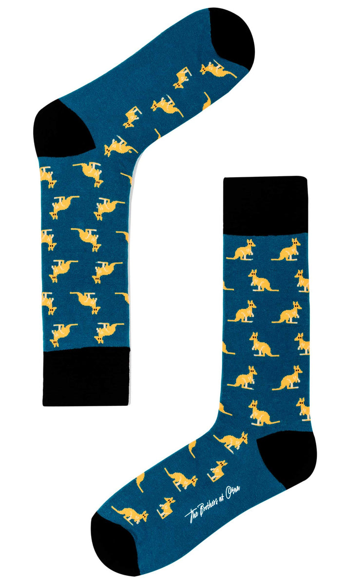 Aussie Kangaroo Socks | Blue Australian Animal Men Happy Crew Sock | OTAA