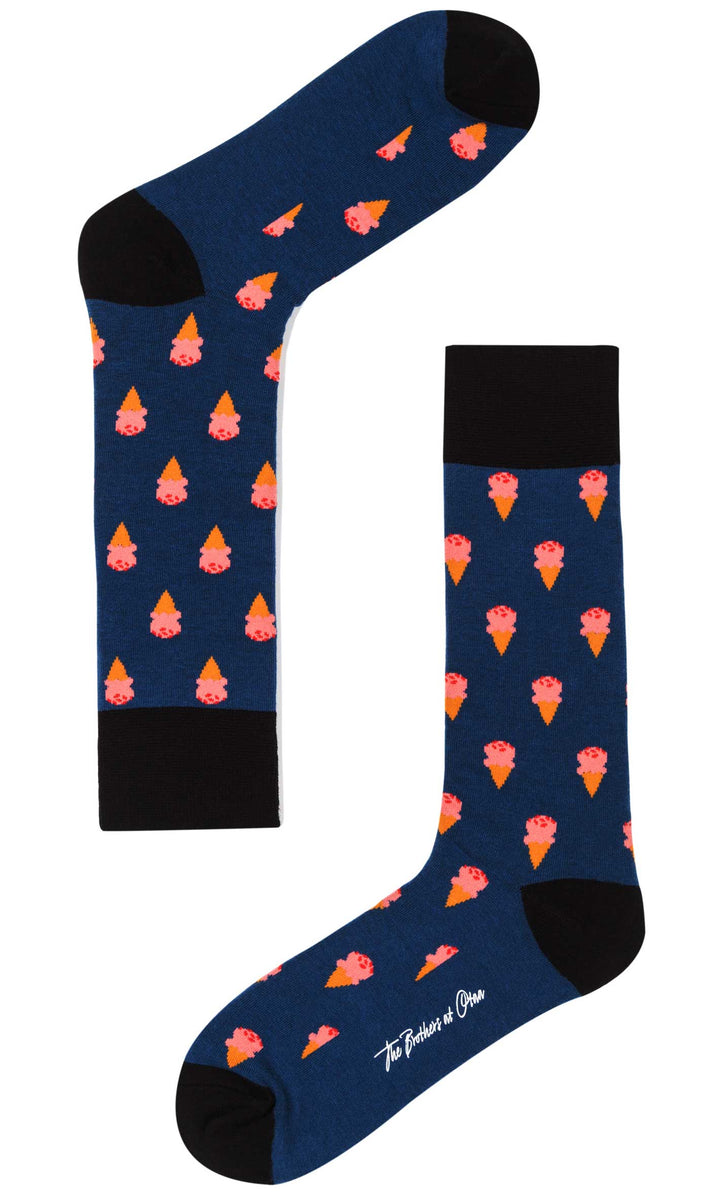 Strawberry Ice Cream Socks | Mens Happy Casual Navy Blue Crew Socks | OTAA
