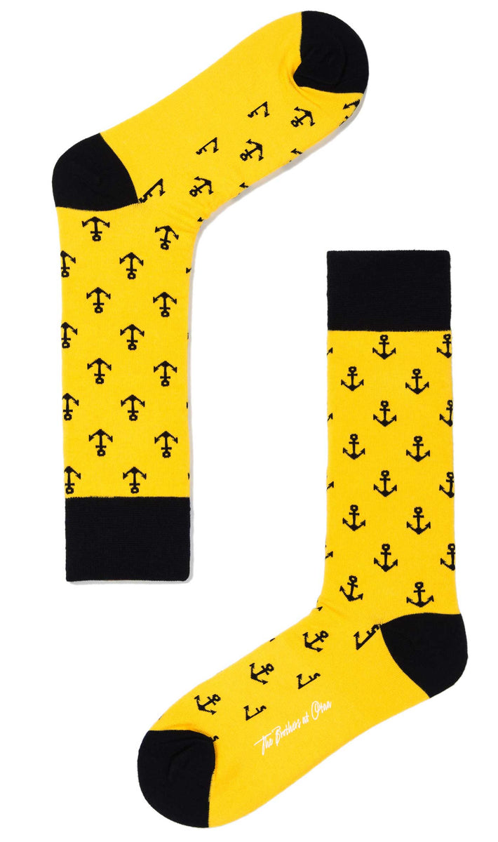 Yellow Anchor Socks | Sailor Colorful Cotton Men's Happy Crew Socks | OTAA