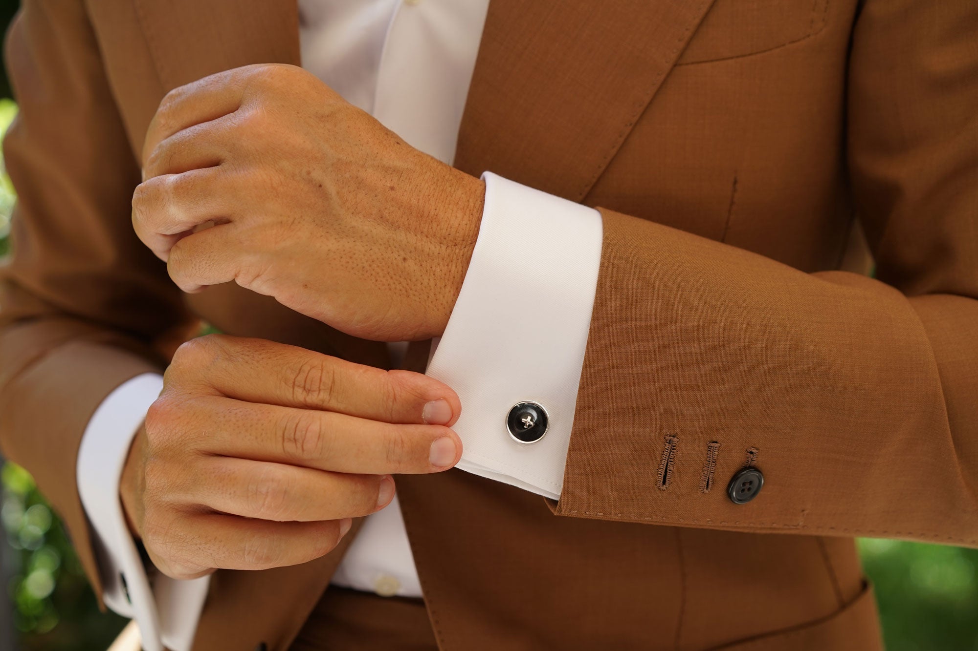 Black Button Silver Cufflinks | Men Classic Silver Round Cuff Links | OTAA
