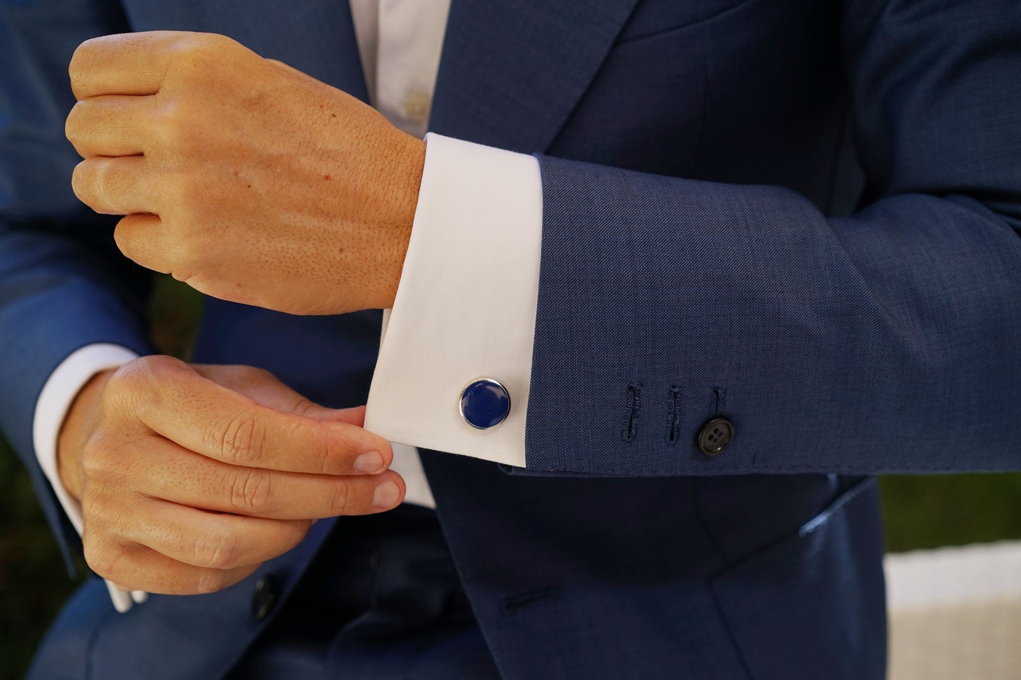 Blue Elixir Stone Cufflinks | Classic Silver Rimmed Round Cuff Links | OTAA