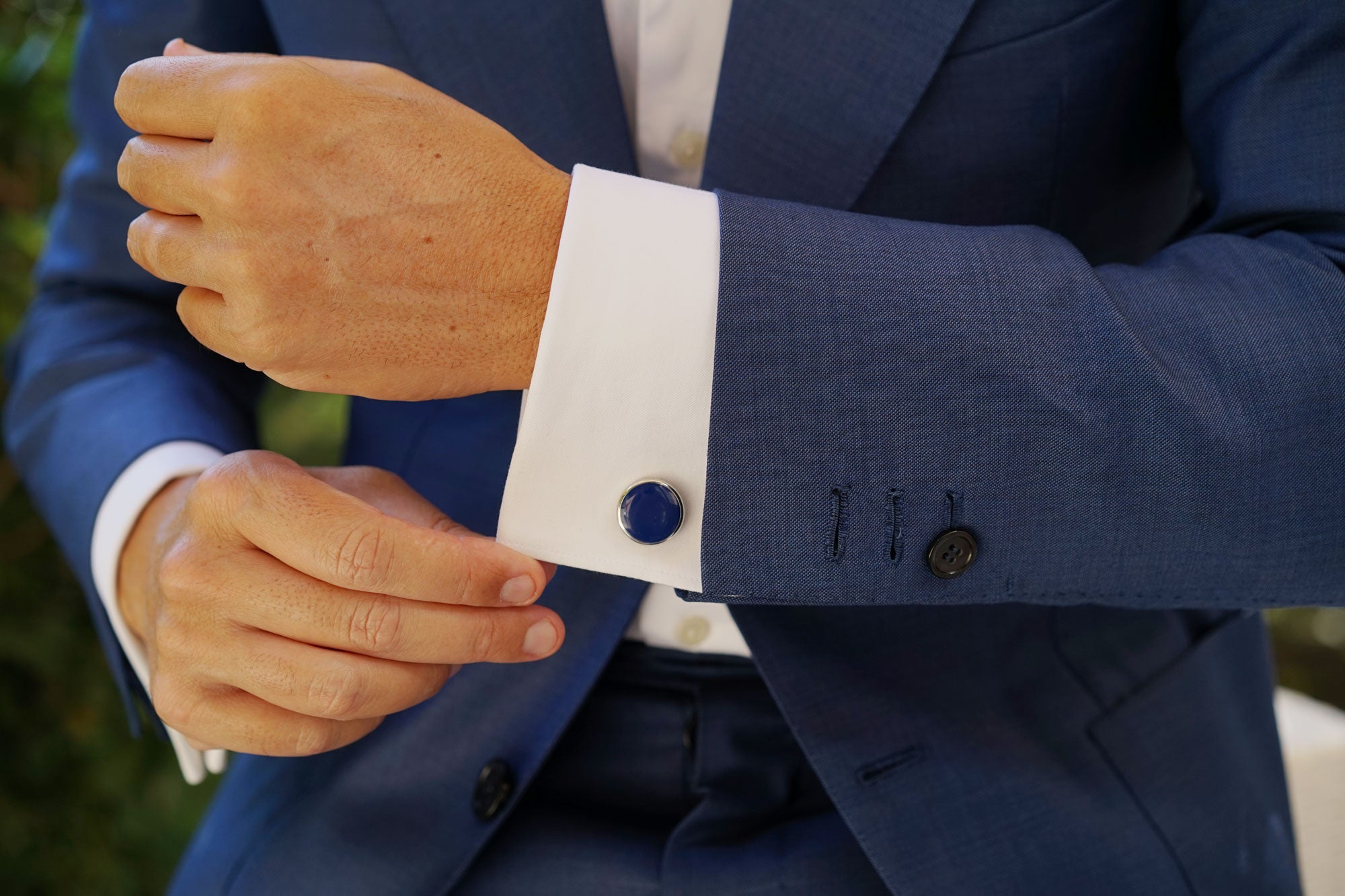 Blue Elixir Stone Cufflinks | Classic Silver Rimmed Round Cuff Links | OTAA