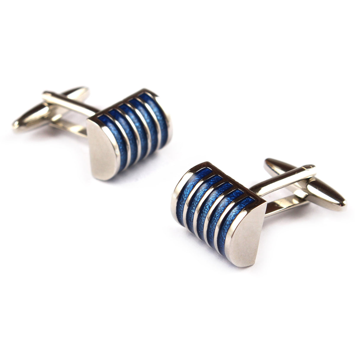Blue Horizontal Cufflinks | Silver Stripes Semi Cylinder Cuff Links | OTAA