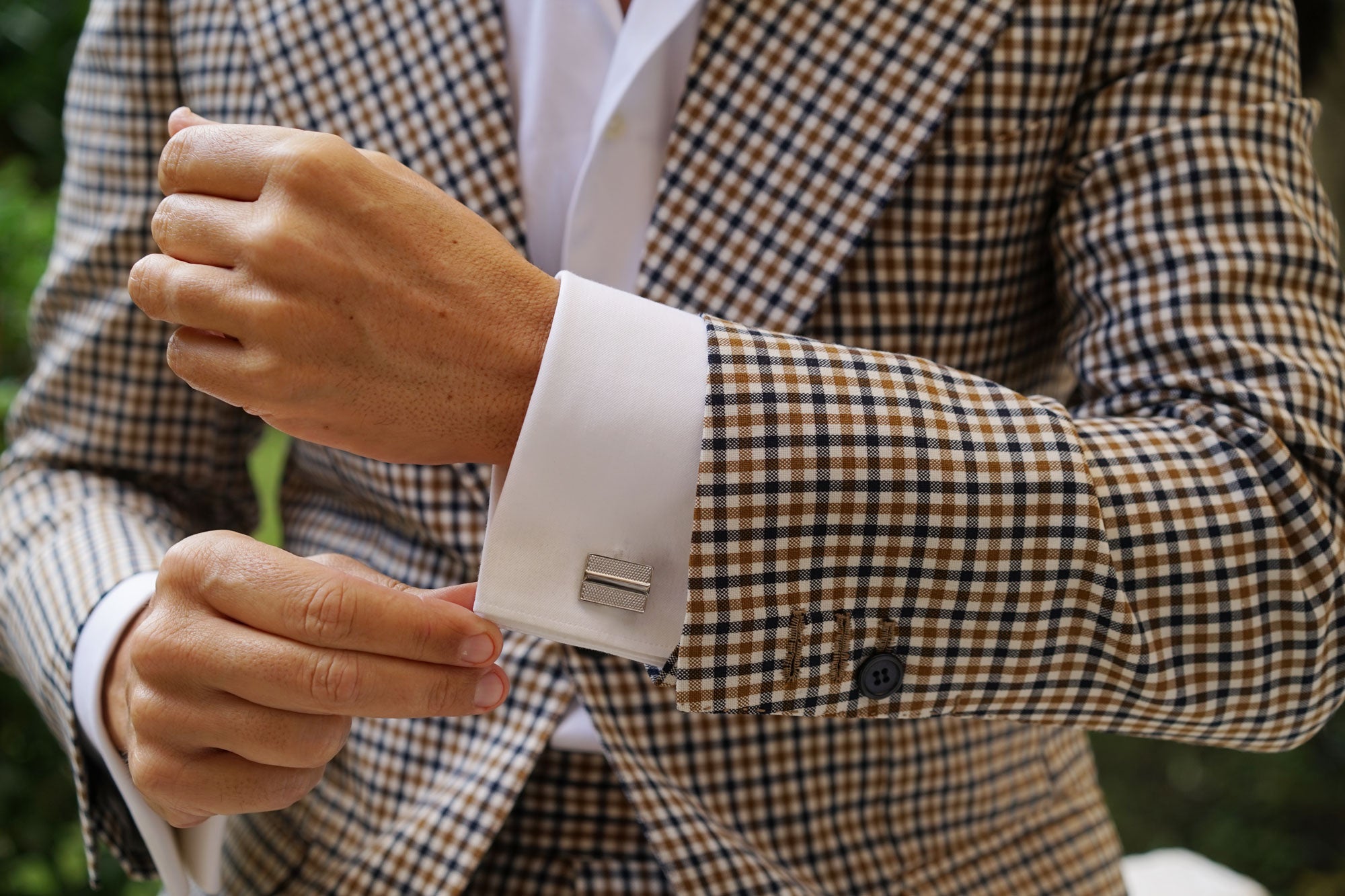 Fletcher Rectangle Cufflinks | Divided Shiny Silver Studded Cuff Links ...
