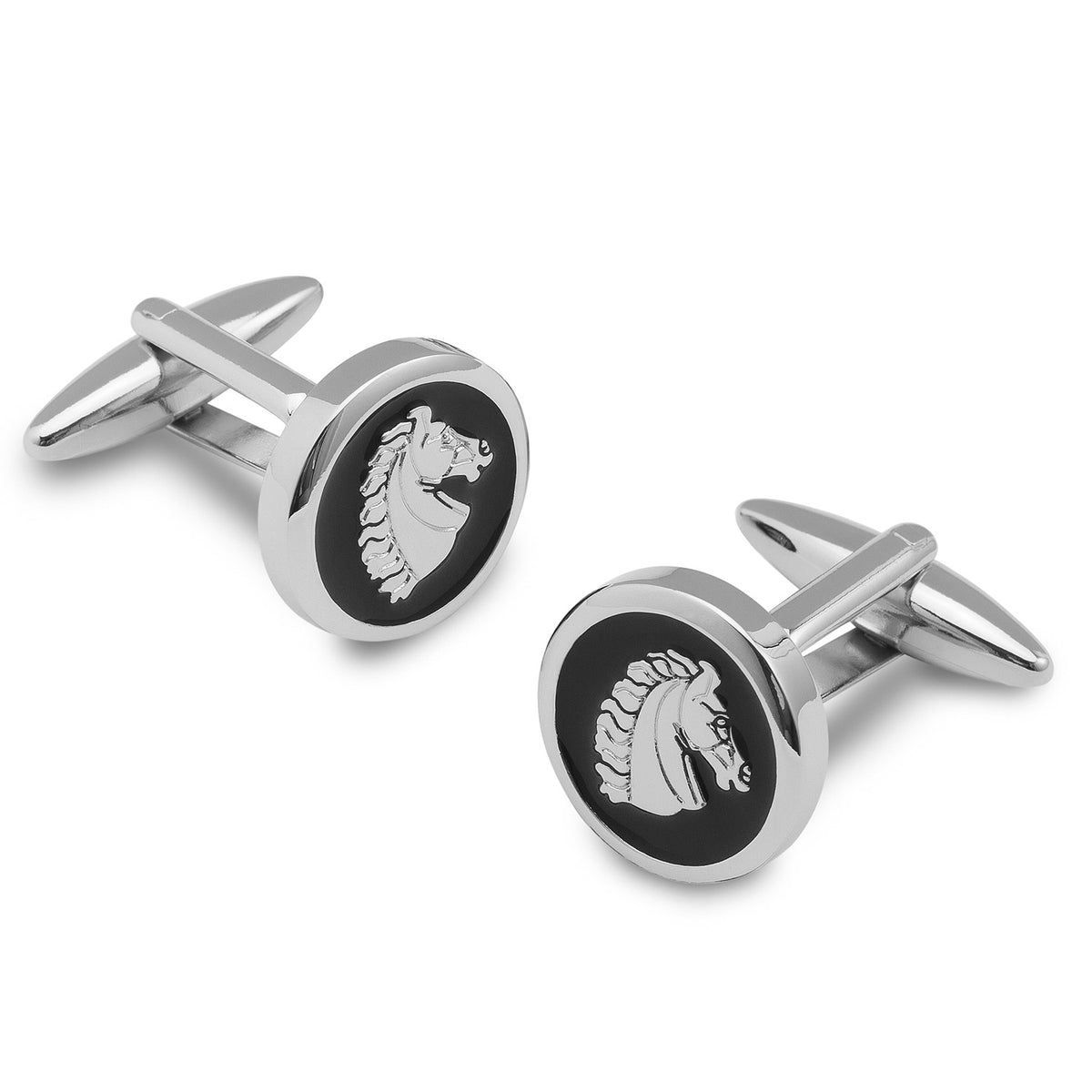 Knights Crest Cufflinks | Silver Knight Chess Black Round Cuff Links | OTAA
