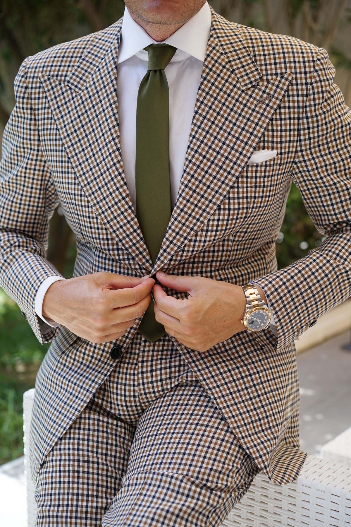 Olive Green Satin Skinny Tie | Fall Wedding Slim Ties | OTAA