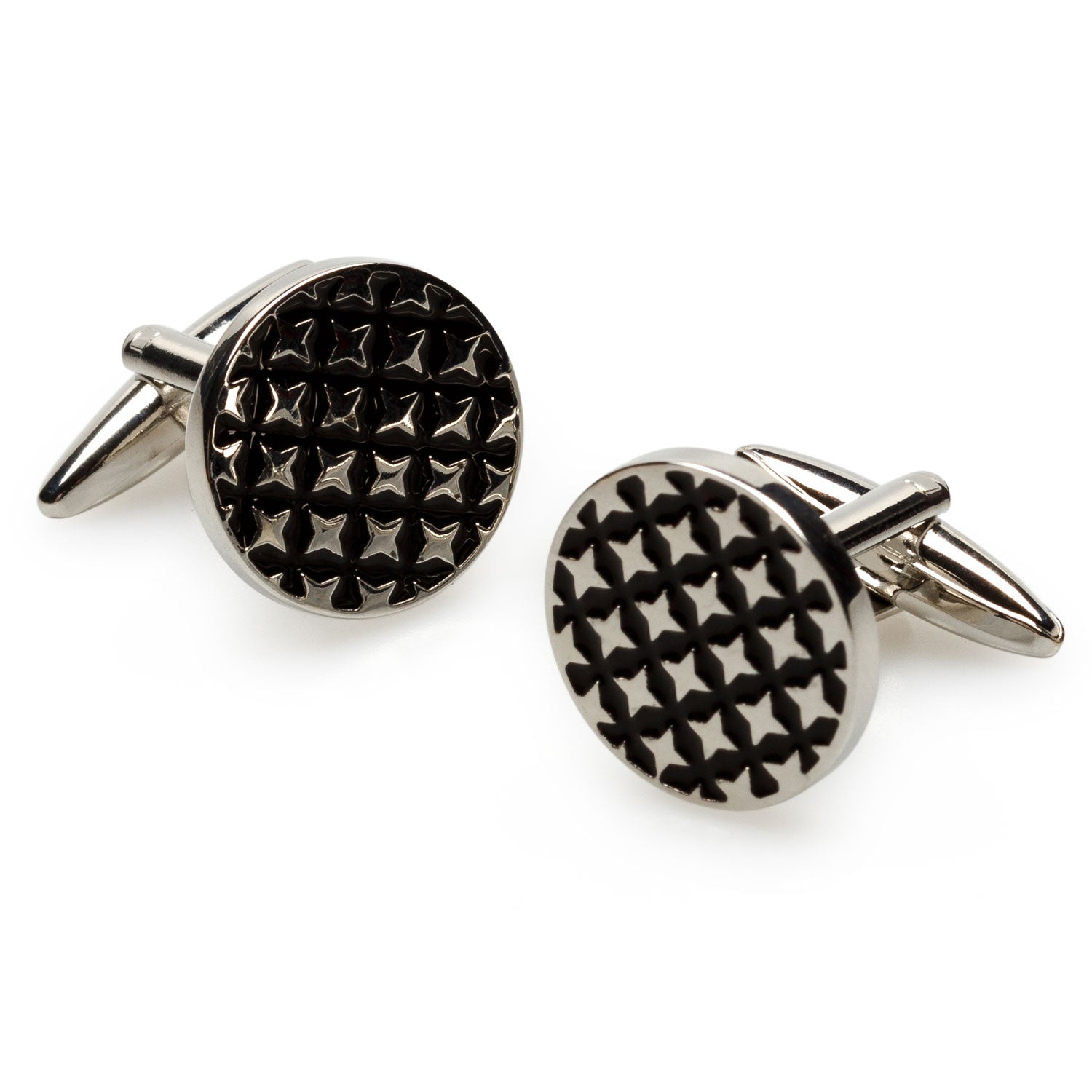 Silver Four Point Star Cufflinks | Black Shuriken Round Cuff Links | OTAA