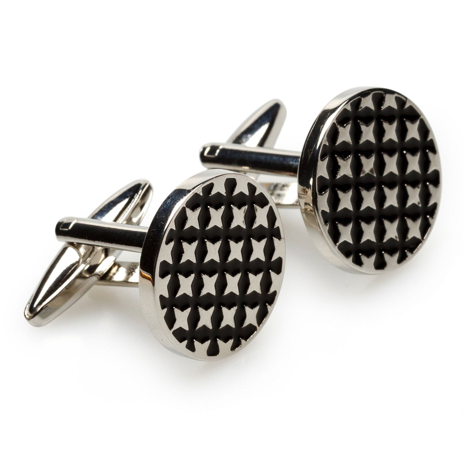 Silver Four Point Star Cufflinks | Black Shuriken Round Cuff Links | OTAA