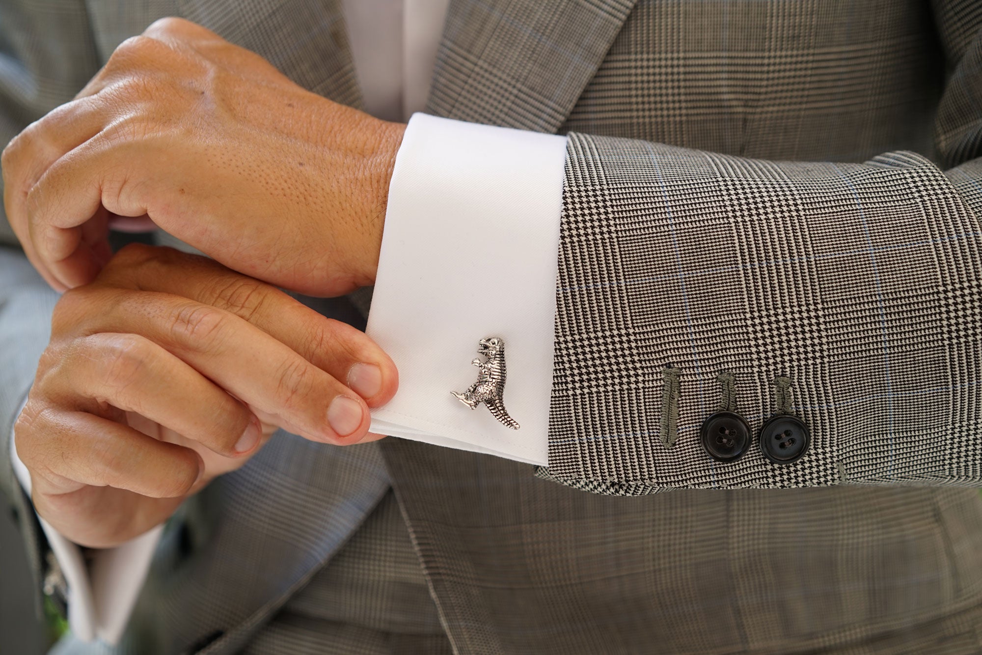 T-Rex Silver Cufflinks | Antique Black Jurassic Dinosaur Cuff Links | OTAA