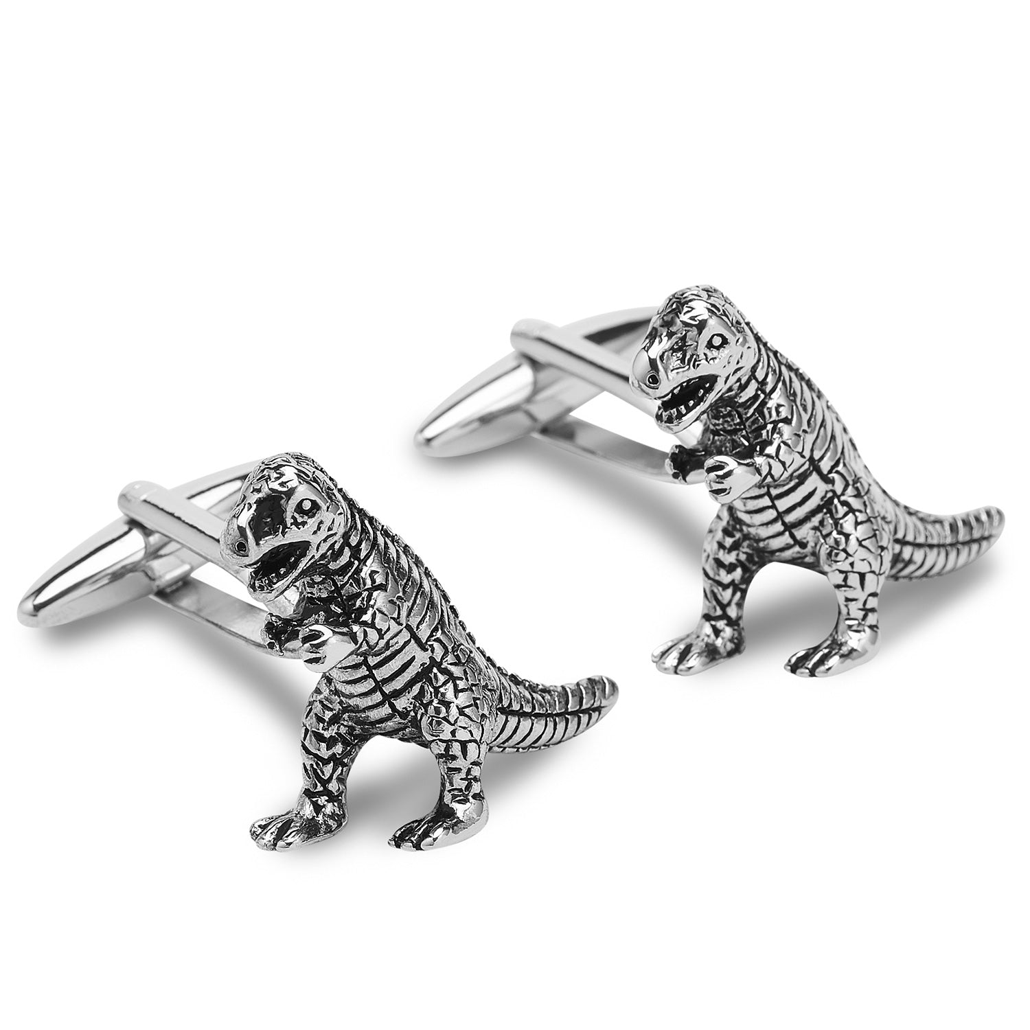 T-Rex Silver Cufflinks | Antique Black Jurassic Dinosaur Cuff Links | OTAA